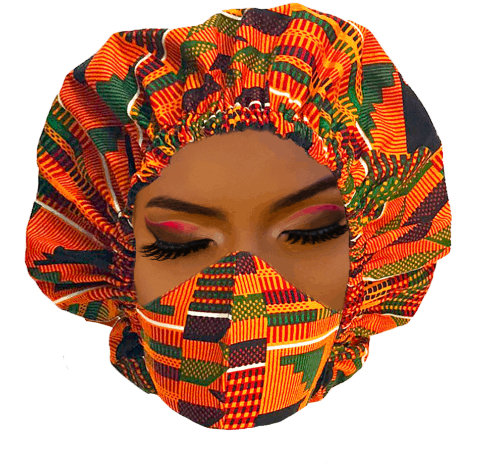 African Fabric Satin-Lined Bonnet and Mask Set - Pohlaits