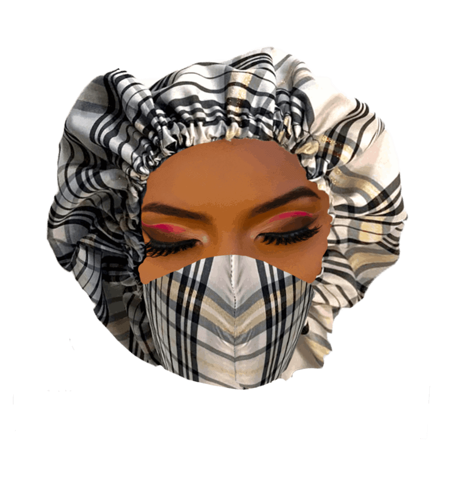 Plaid Print Satin-Lined Bonnet and Mask Set - Pohlaits